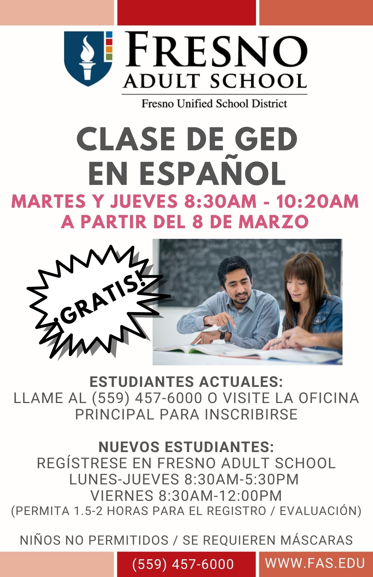 SPANISH GED T-TH AM STARTING MARCH 8TH – spanish – Fresno Adult School