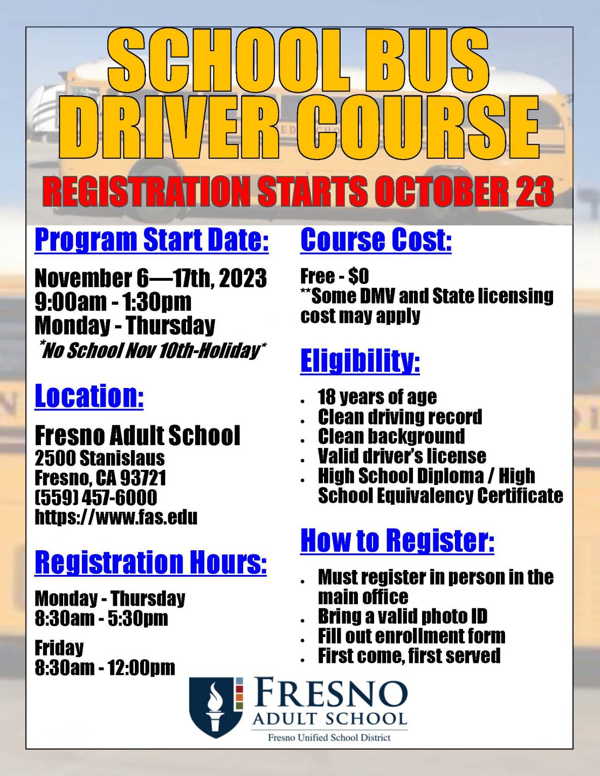 School Bus Driver Flyer Nov 6 – Fresno Adult School